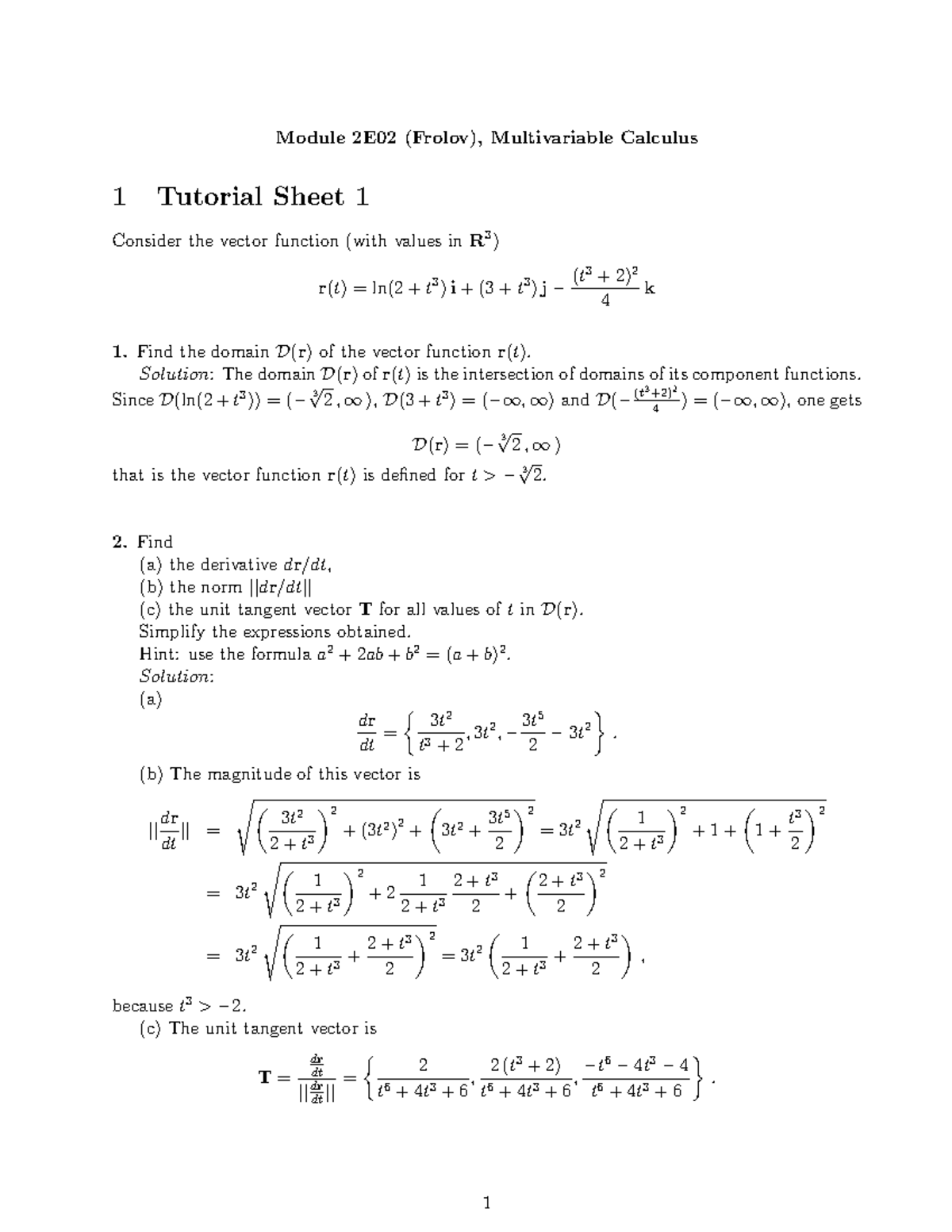 2E2 solutions - Full soln - Module 2E02 (Frolov), Multivariable Calculus 1 Tutorial Sheet 1 ...