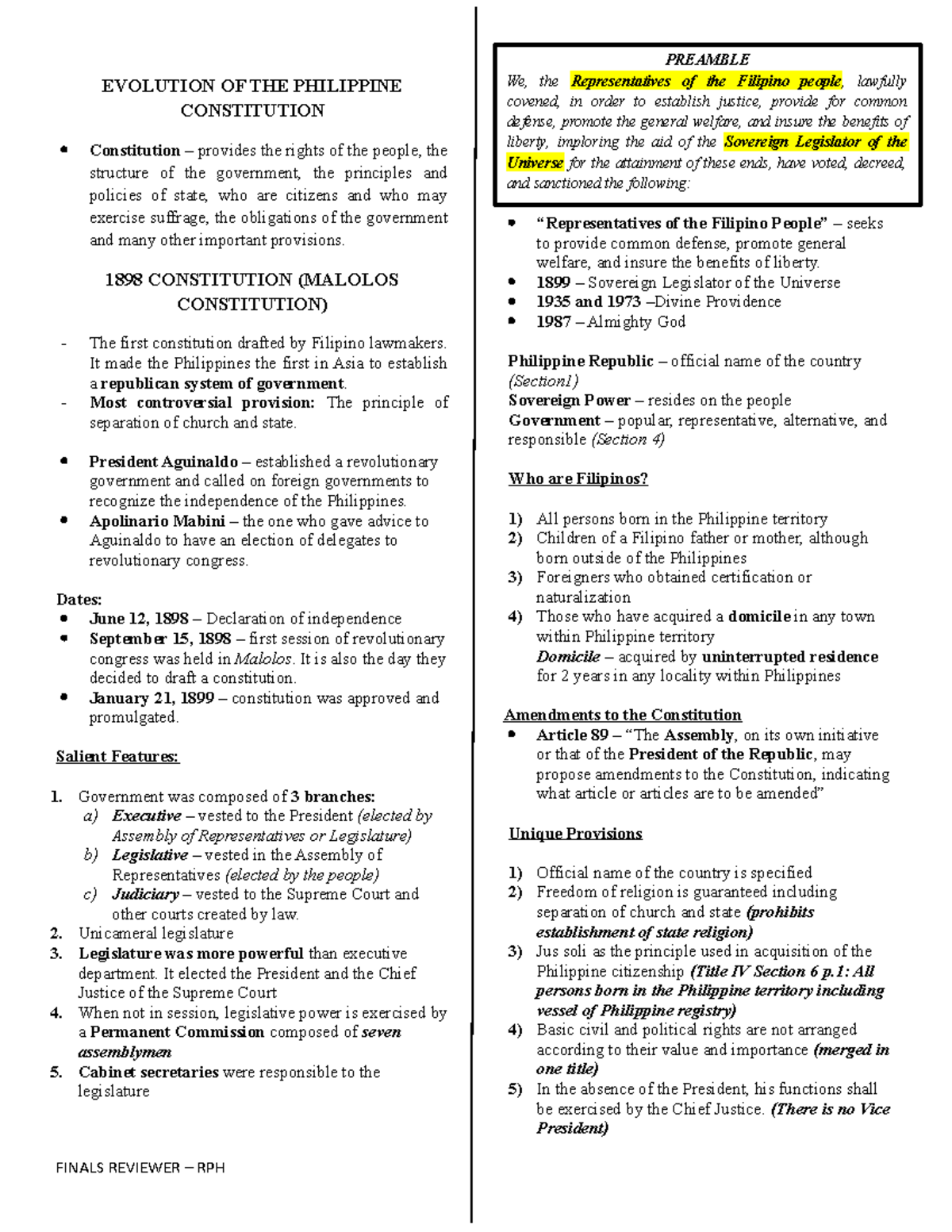 Finals- Reviewer-RPH - EVOLUTION OF THE PHILIPPINE CONSTITUTION ...