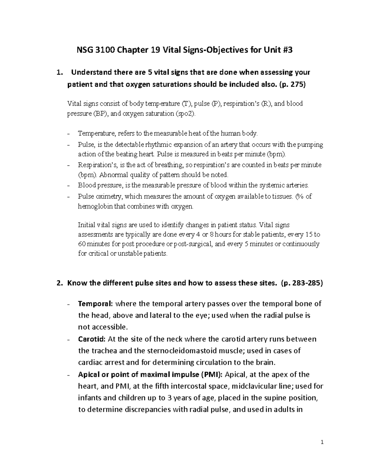 Copy of EXAM 2- UNIT 3 Vital Signs objective - NSG 3100 Chapter 19 ...