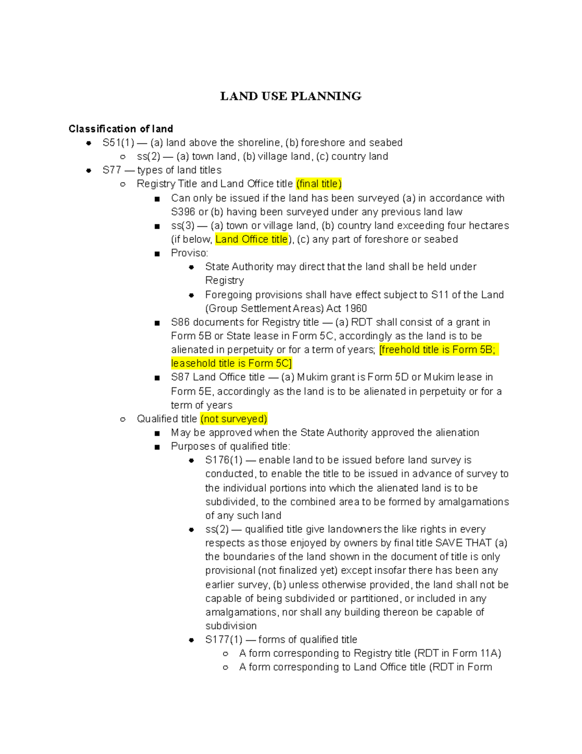 LAND LAW I: LAND USE PLANNING (NOTE) - LAND USE PLANNING Classification ...