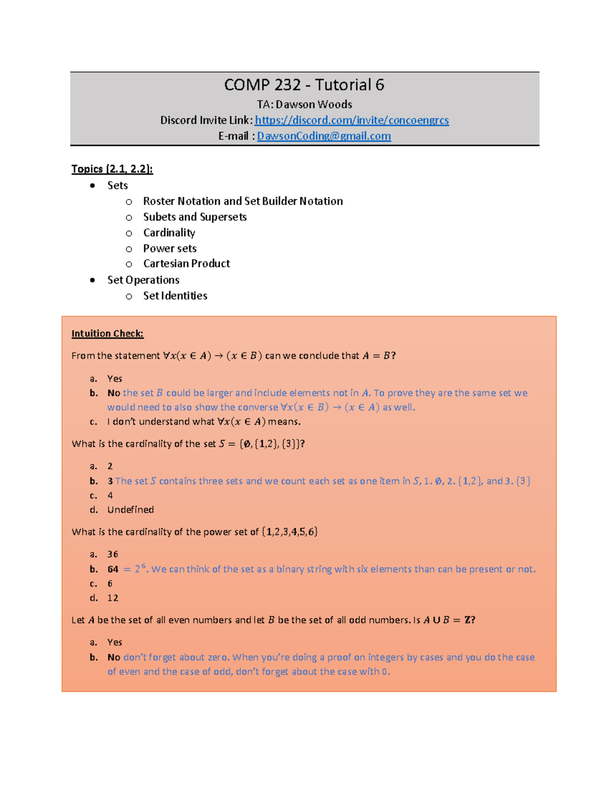 COMP232 Tutorial 06 with Answers - COMP 232 - Tutorial 6 TA: Dawson Woods Discord Invite Link ...