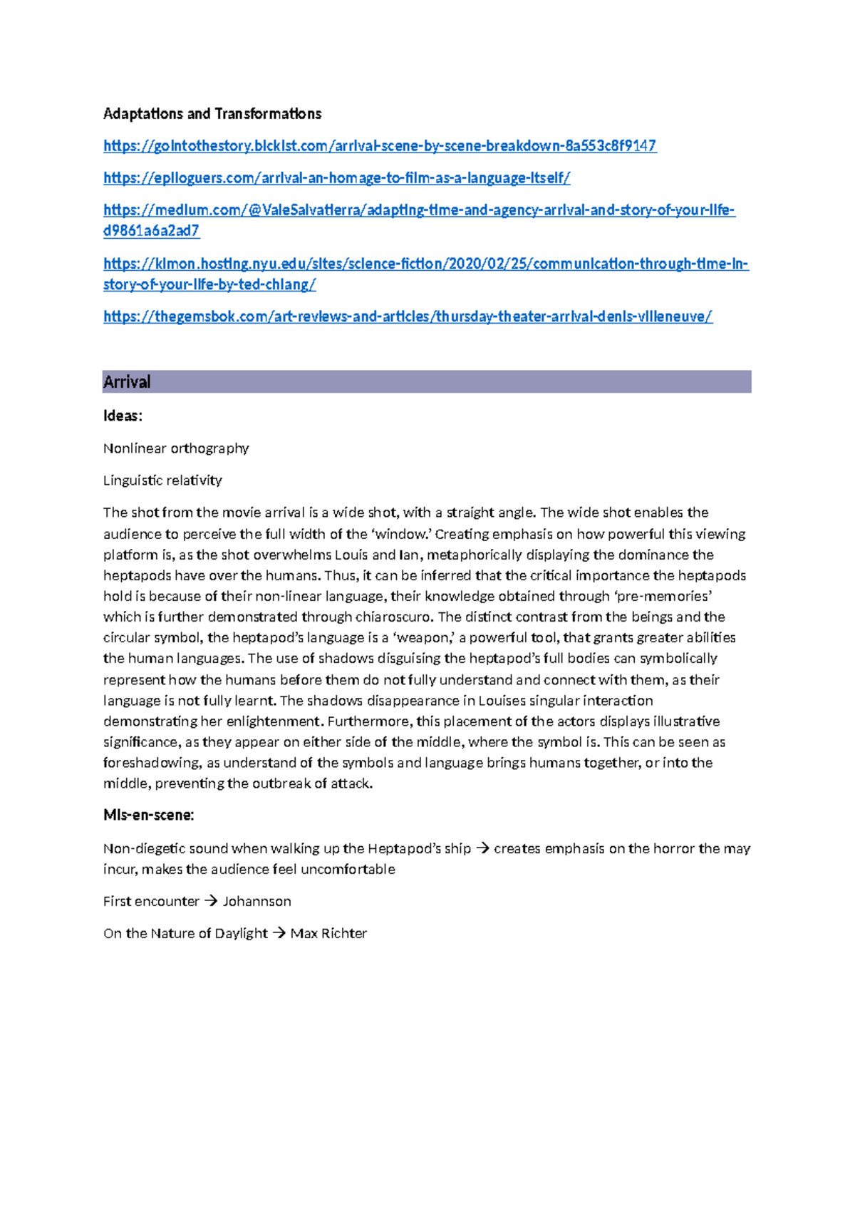 Arrival Notes - Adaptations and Transformations - Studocu