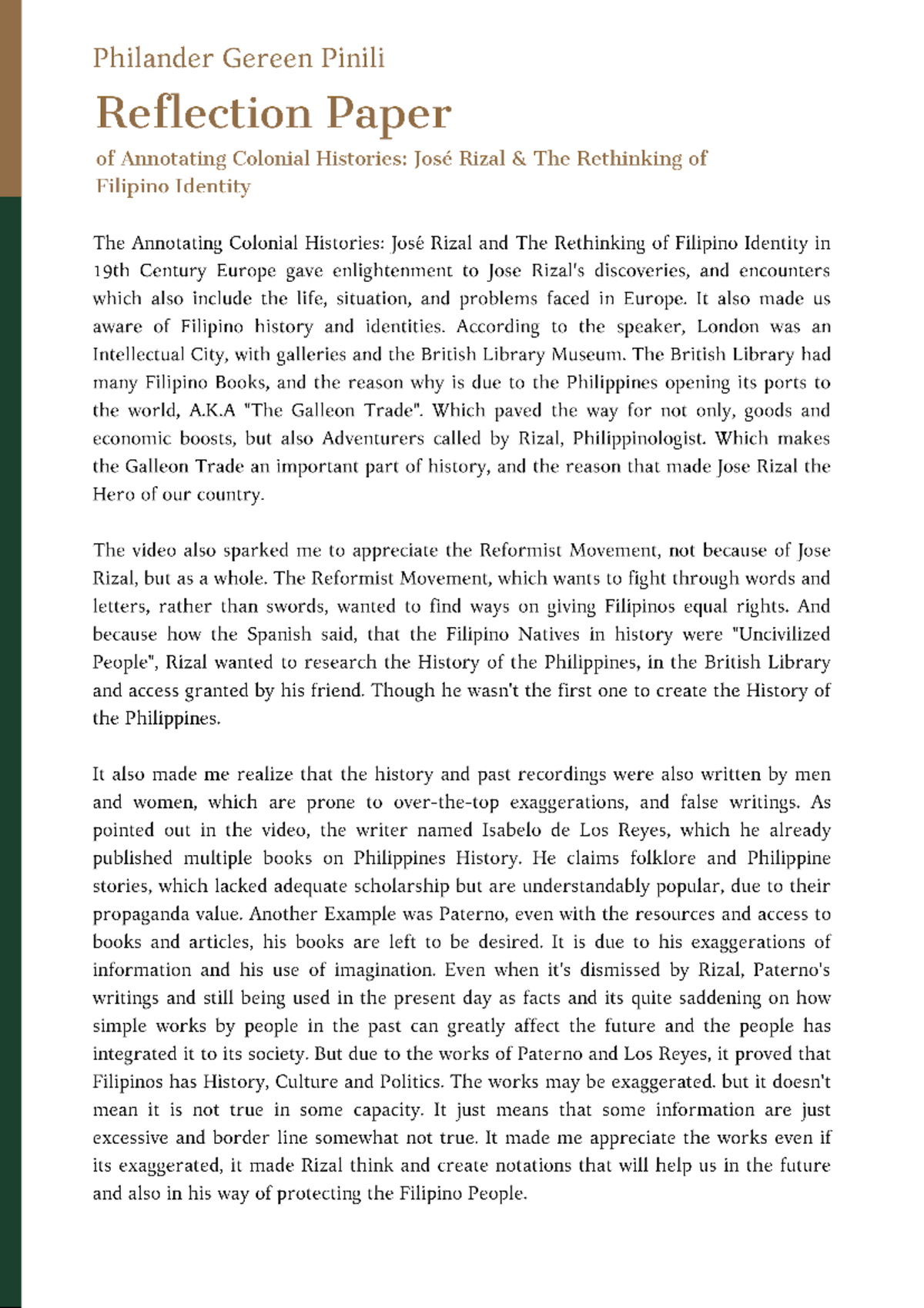 Reflection Paper Annotating Colonial Histories José Rizal and The ...
