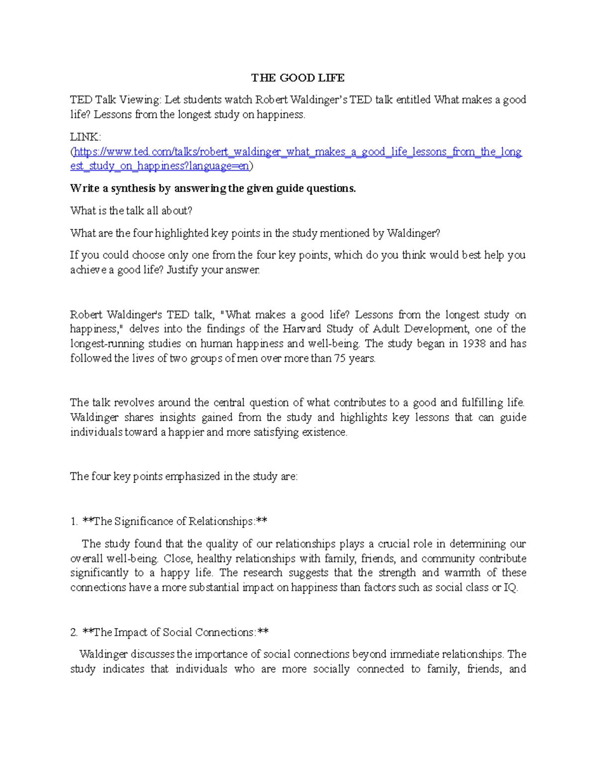 STS-Activity - THE GOOD LIFE TED Talk Viewing: Let students watch ...