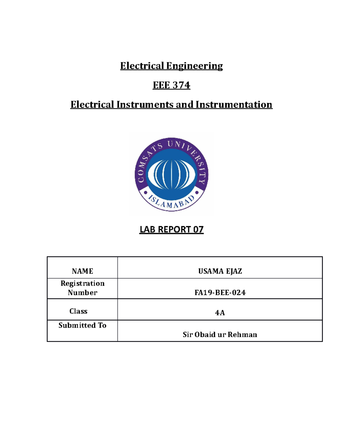 FA19-BEE-024 LAB Report 07 EMI - Electrical Engineering EEE 374 ...