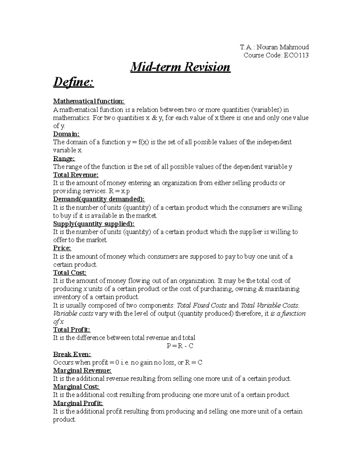 Mid term revision eco113 - T.: Nouran Mahmoud Course Code: ECO Mid-term ...