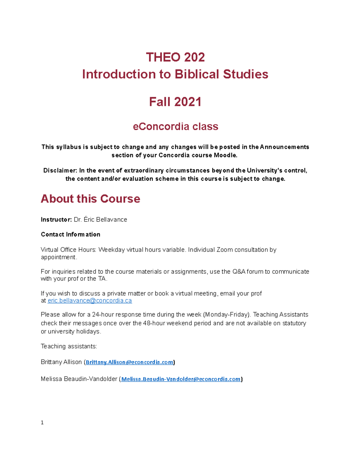 THEO 202 Course Outline (Fall 2021) - THEO 202 Introduction to Biblical ...