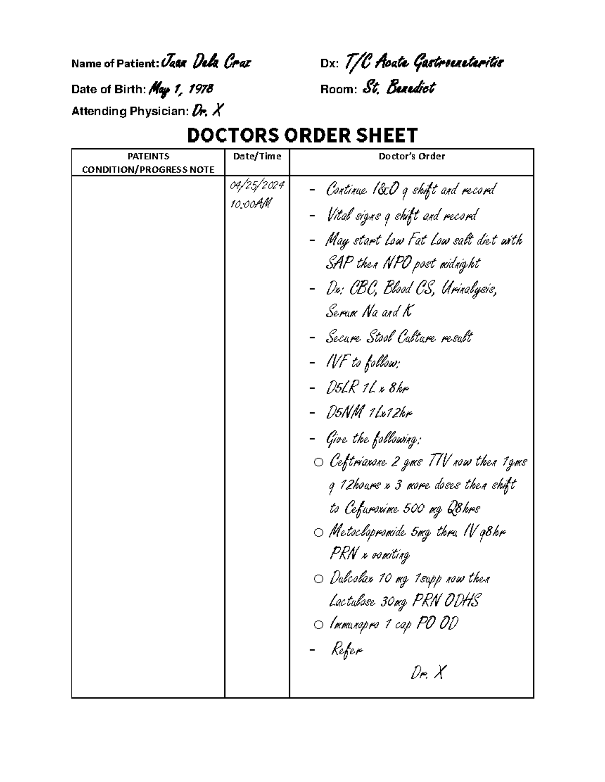 Sample-Doctors-Order - Name of Patient: Juan Dela Cruz Dx: T/C Acute ...