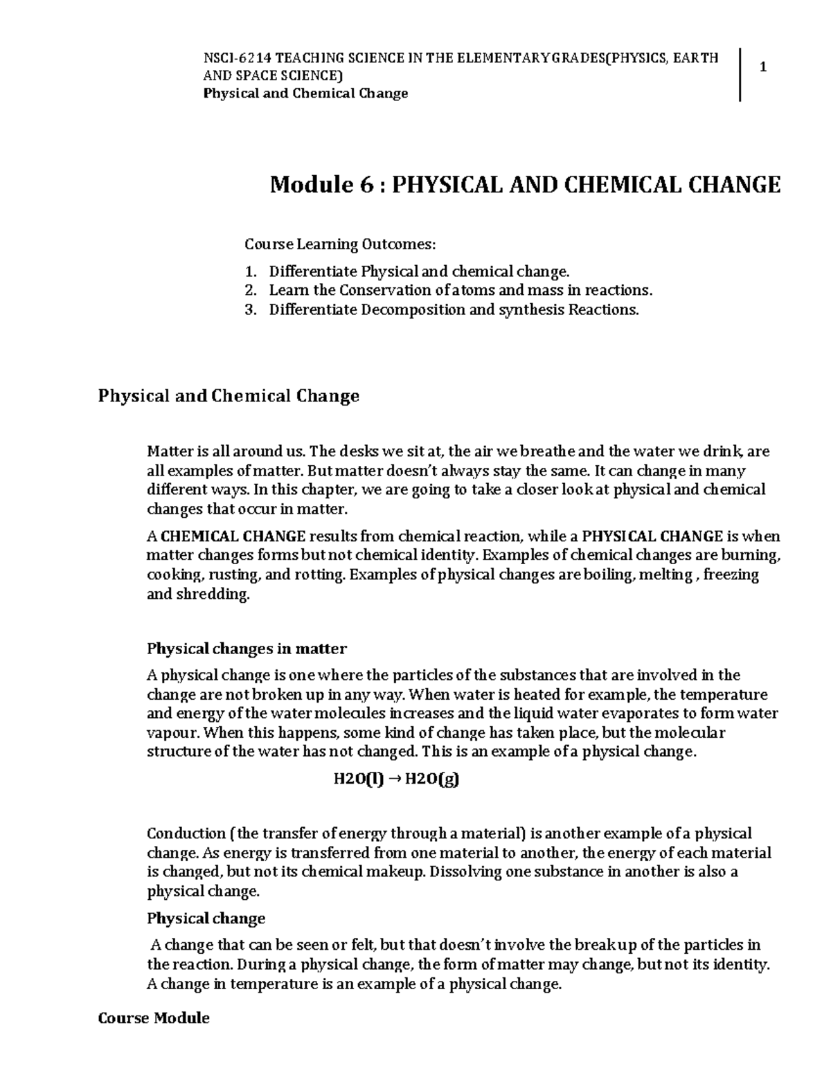 WEEK 7 Physical AND Chemical Change - NSCI-6214 TEACHING SCIENCE IN THE ...