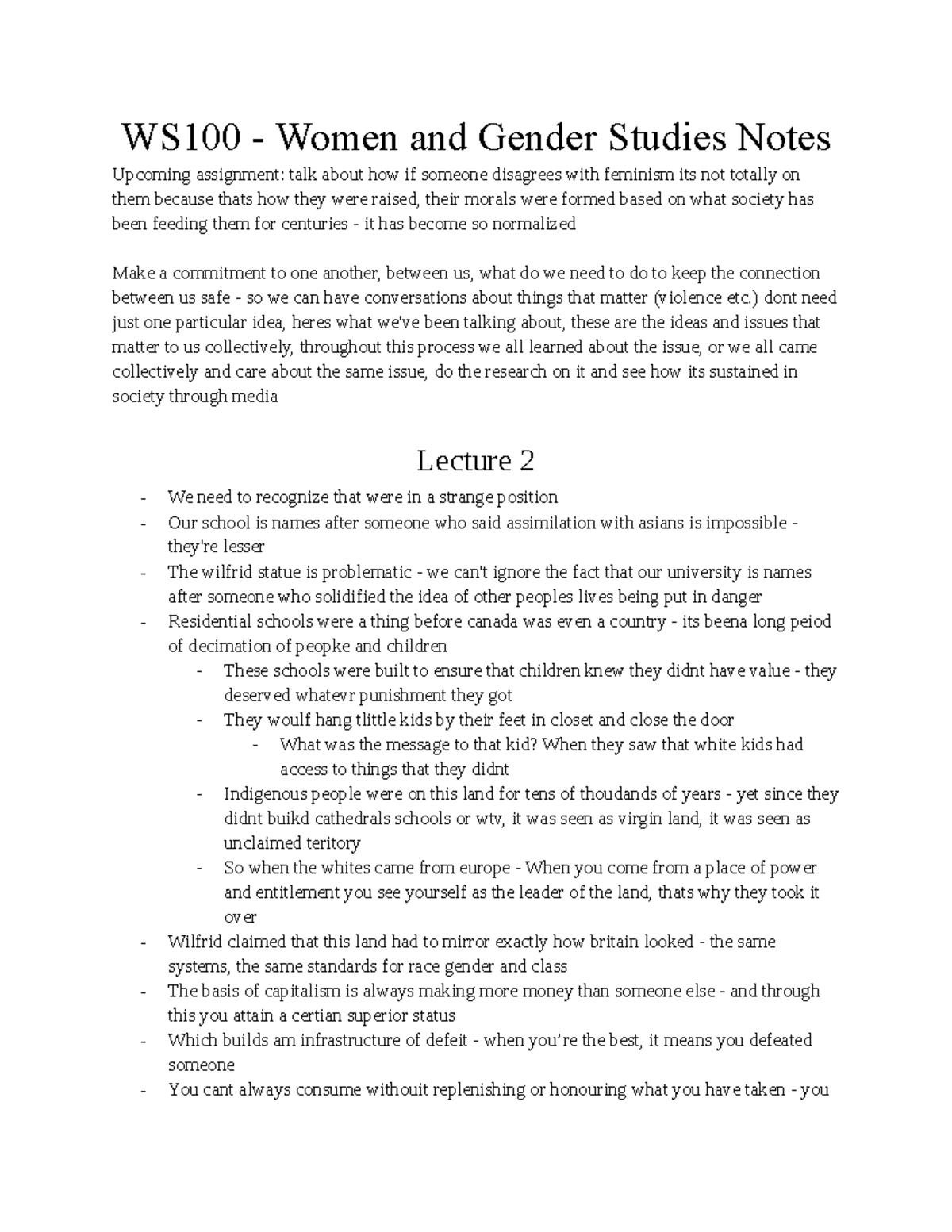 WS100 - Women and Gender Studies - ) dont need just one particular idea ...