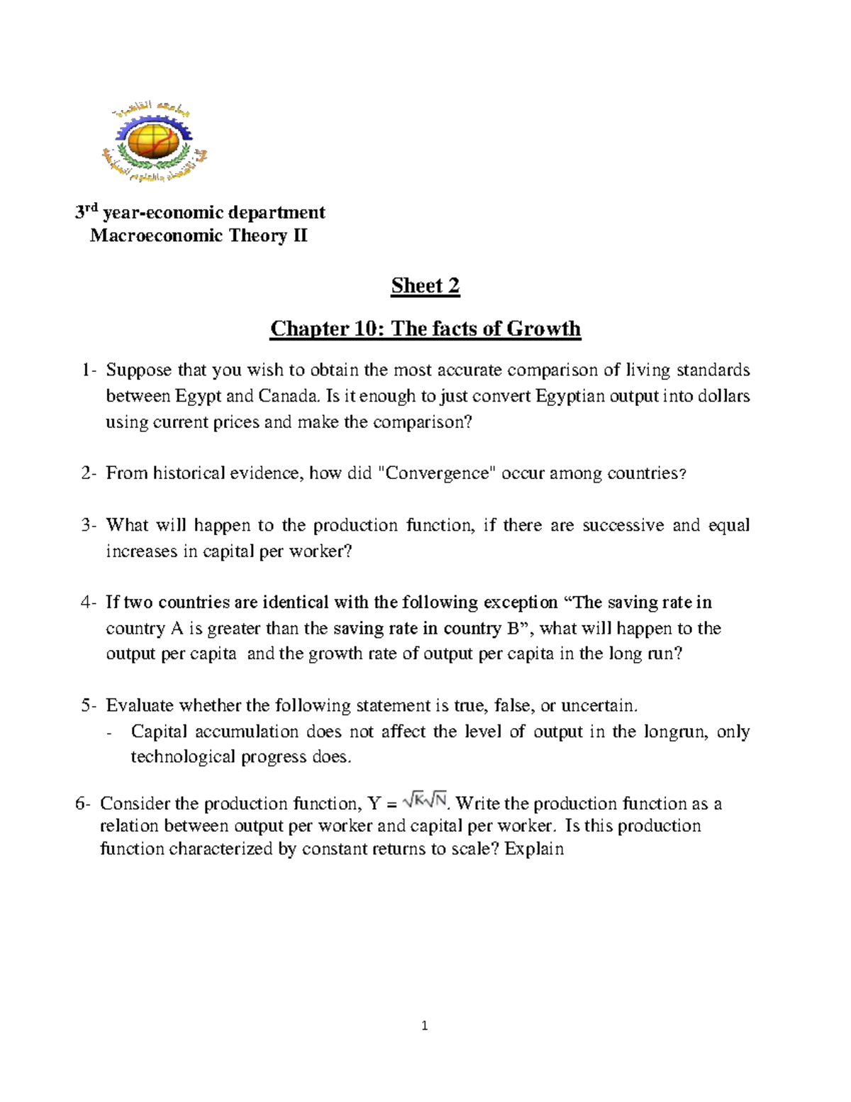 Sheet 2-Ch10 The Facts of Growth Practice - 1 3 rd year-economic ...