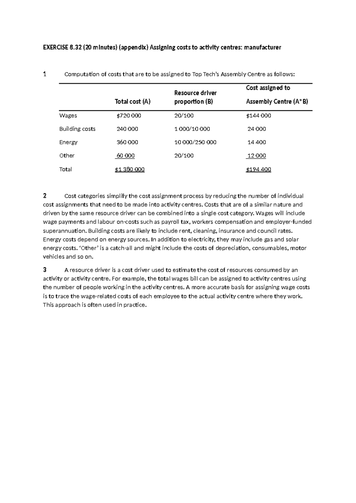 Exercise 8.32 (ABC) - OVERHEAD COSTING - EXERCISE 8 (20 minutes ...