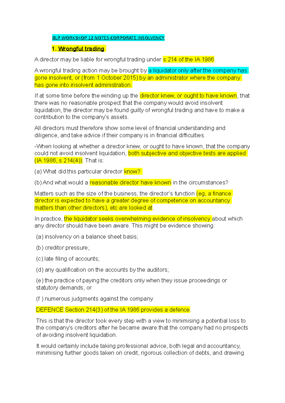 BLP Workshop 12 Notes - BLP WORKSHOP 12 NOTES-CORPORATE INSOLVENCY ...