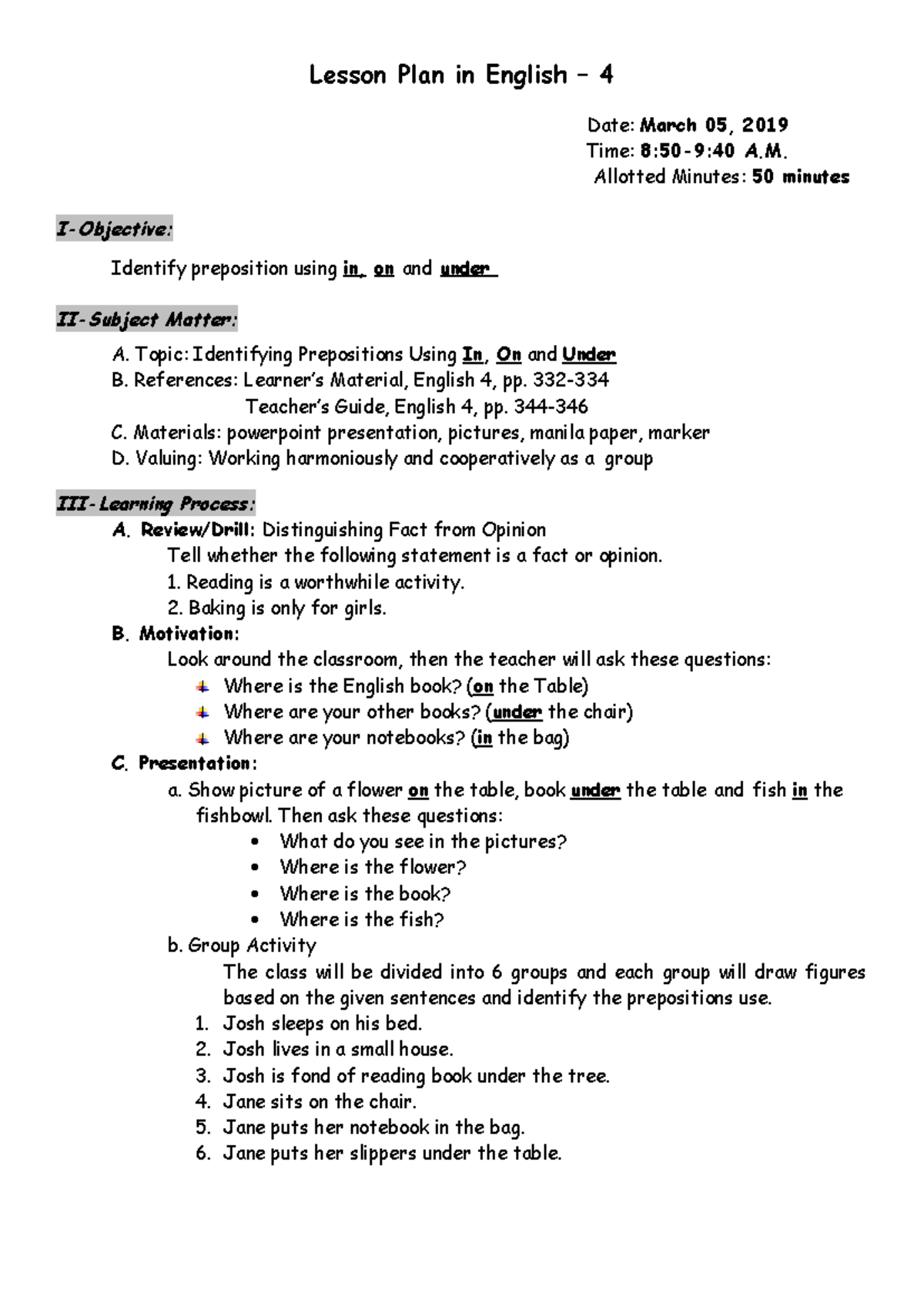 642286581 Lesson Plan in English 4 - Lesson Plan in English – 4 Date ...