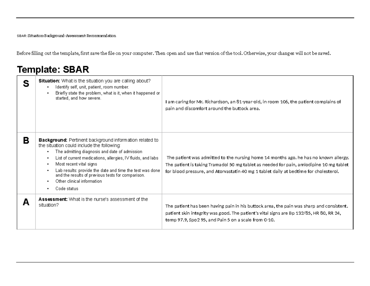 SBAR 2 - assignment - SBAR: Situation-Background-Assessment ...