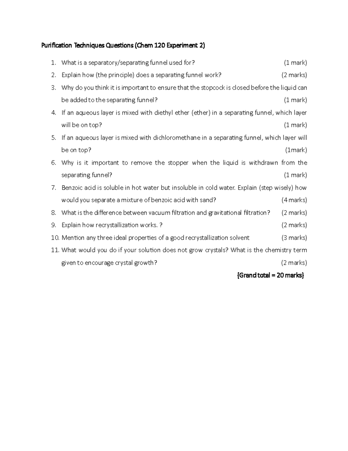Experiment 2 Questions - Purification Techniques Questions (Chem 120 ...
