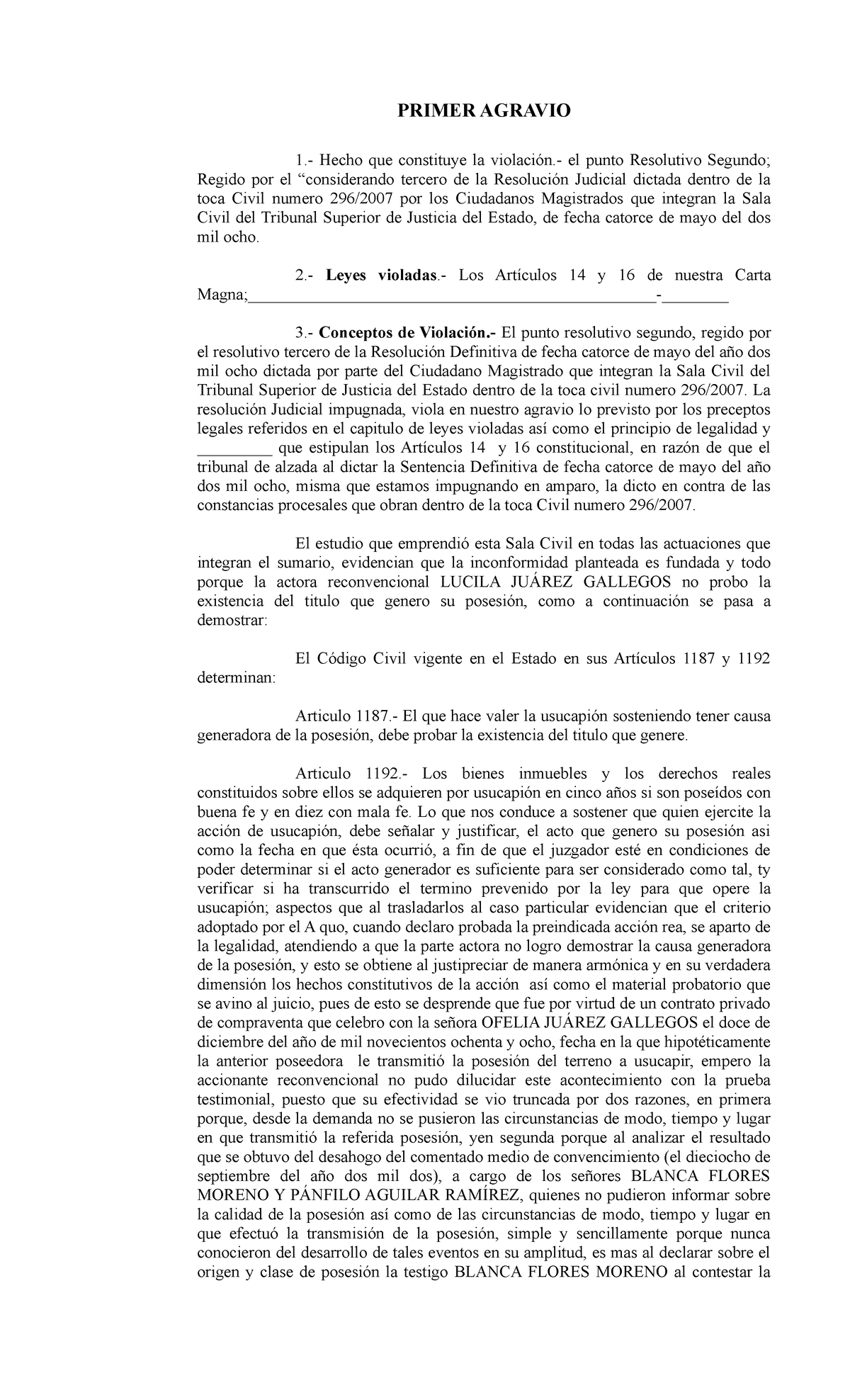 Primer Agravio - formato - PRIMER AGRAVIO 1.- Hecho que constituye la ...