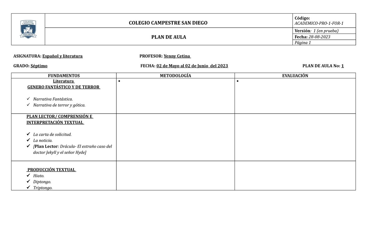 4 Formato Plan de aula Séptimo - COLEGIO CAMPESTRE SAN DIEGO Código ...