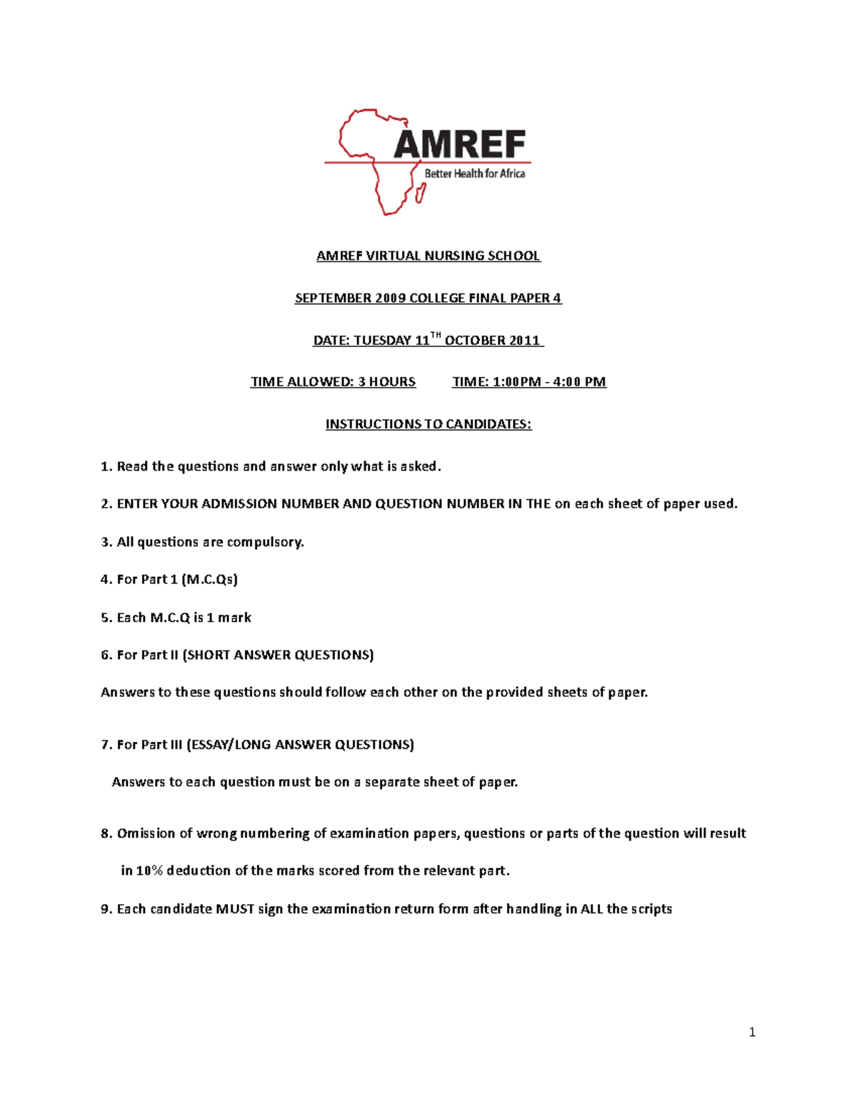College Final Paper 4 (3)-1 - AMREF VIRTUAL NURSING SCHOOL SEPTEMBER ...
