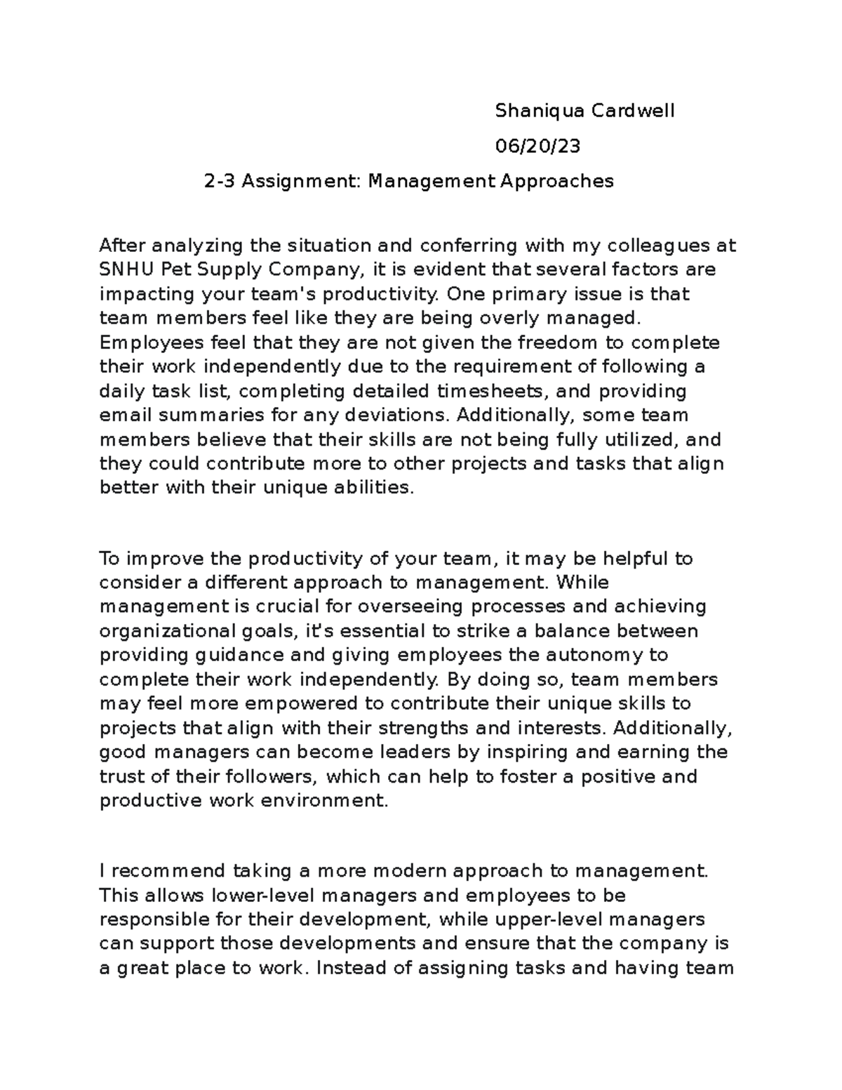 2-3 assignment management approaches - Shaniqua Cardwell 06/20/ 2-3 ...