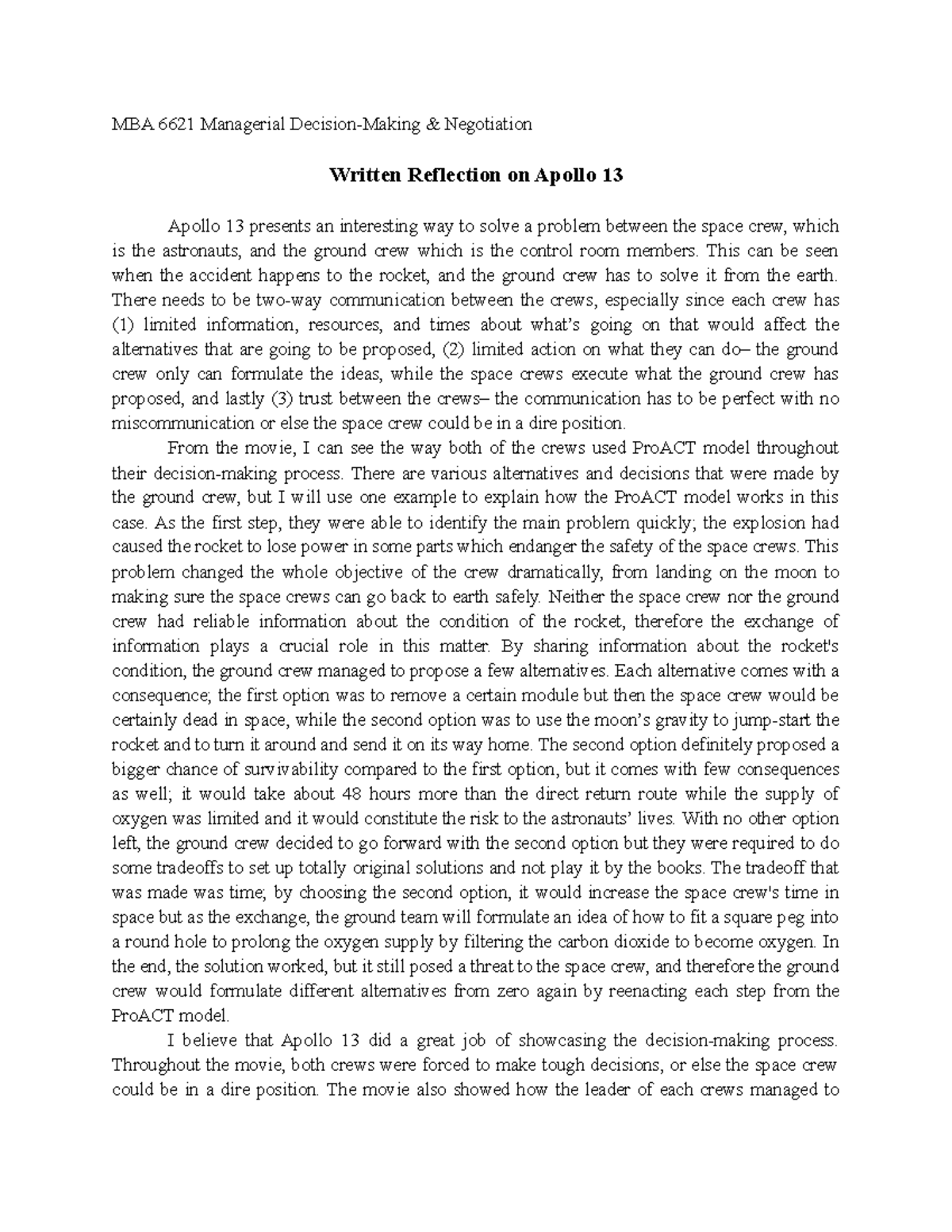 Written Reflection on Apollo 13 - MBA 6621 Managerial Decision-Making ...