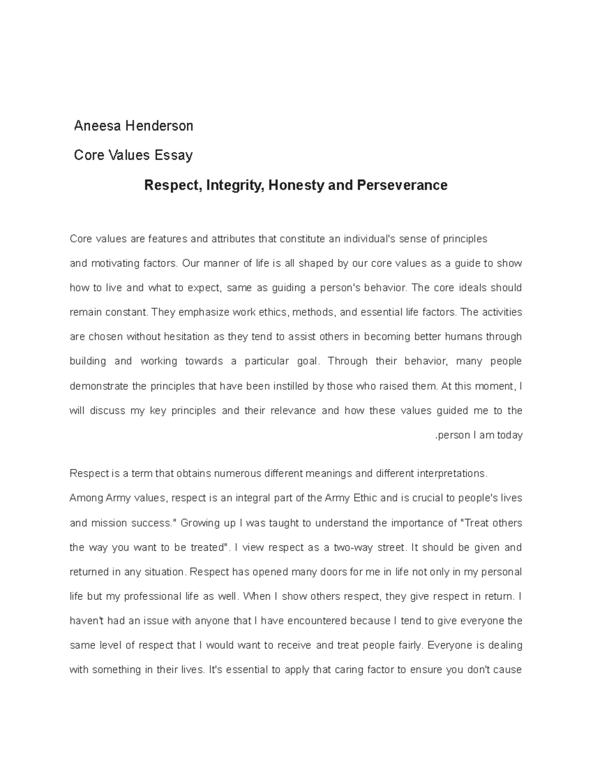 Copy of Core Values Essay - Aneesa Henderson Core Values Essay Respect ...