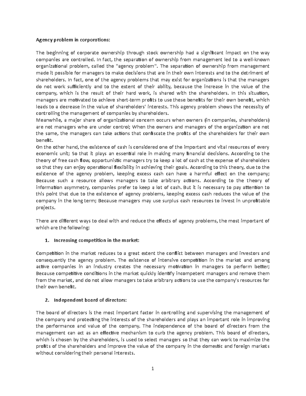 First assignment-Agency problem in corporations - Agency problem in ...