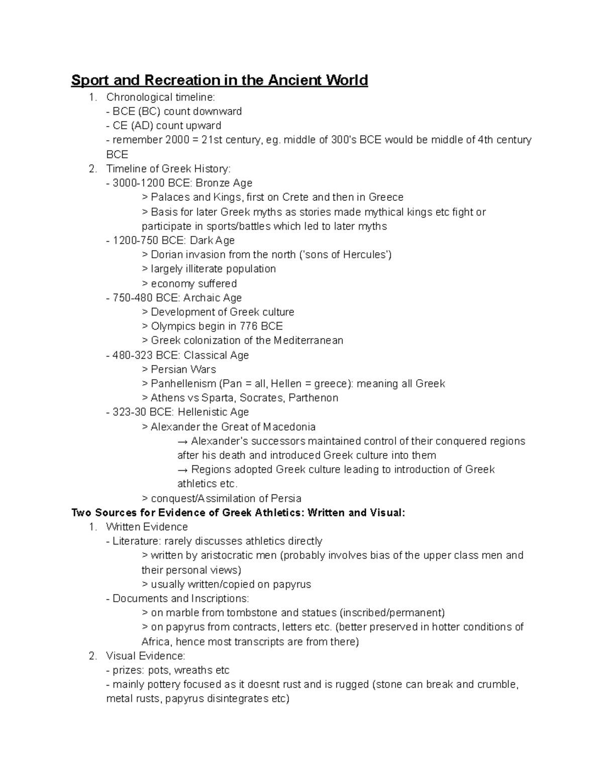 Classics 2300 - Lectures 0 to 5 - Sport and Recreation in the Ancient World Chronological ...