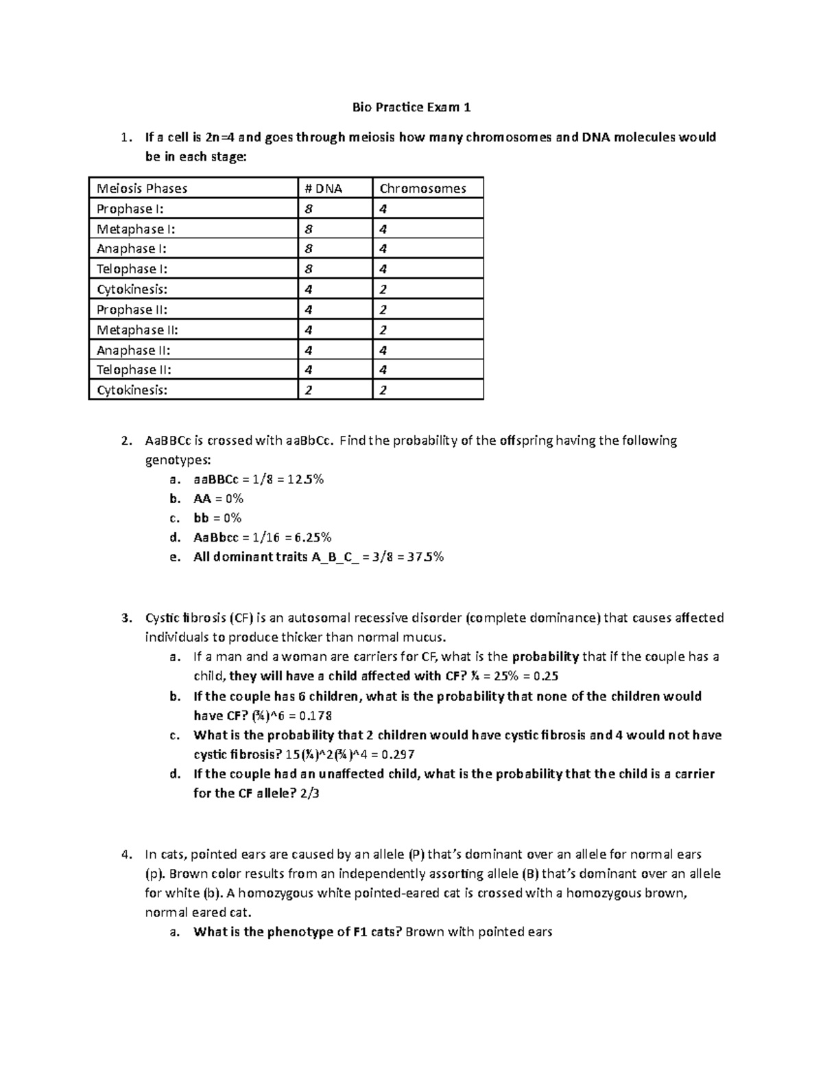 Bio Practice Exam 1 (With Answers) - Bio Practice Exam 1 If a cell is ...
