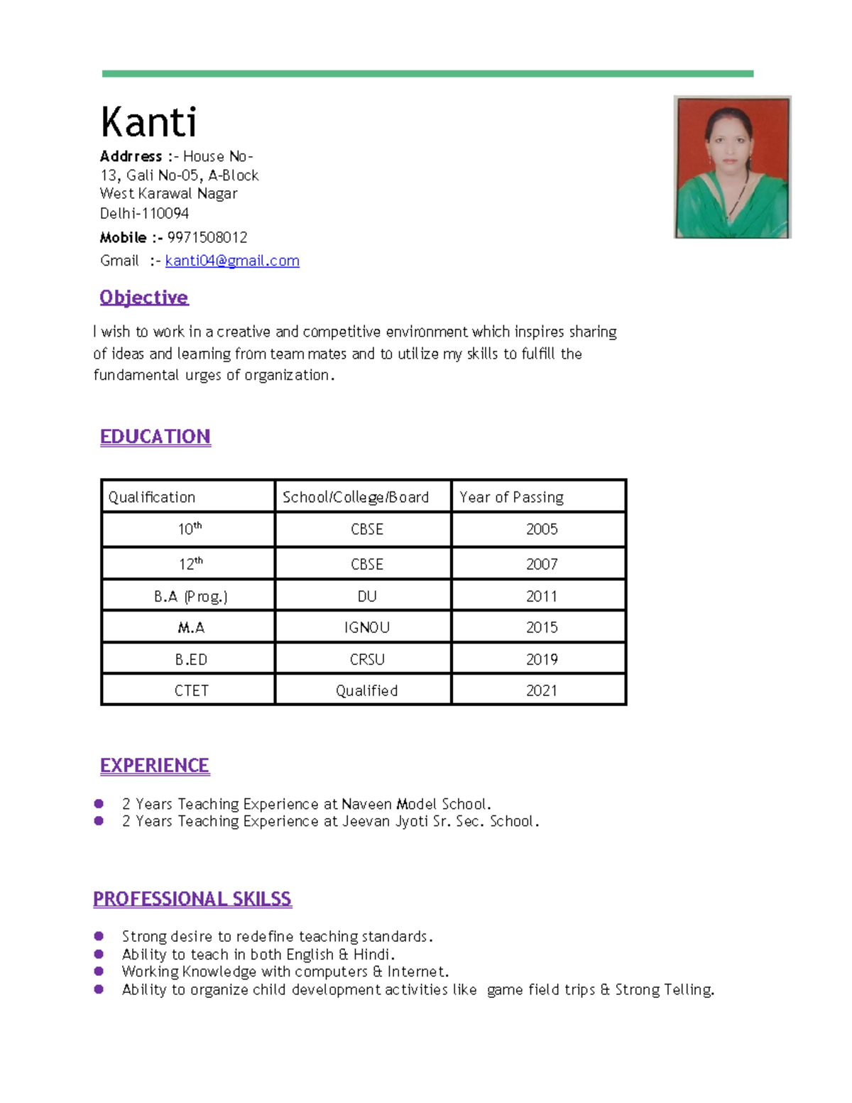 Kanti Resume - Well way done - Kanti Addrress :- House No- 13, Gali No ...