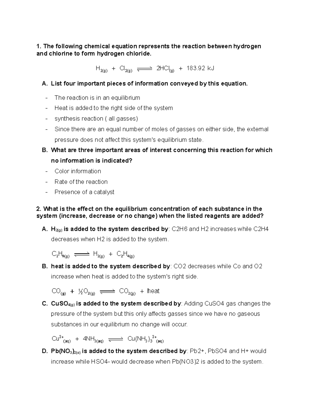 Unit 4 Activity 1 Chemical Equilibrium - 1. The following chemical ...