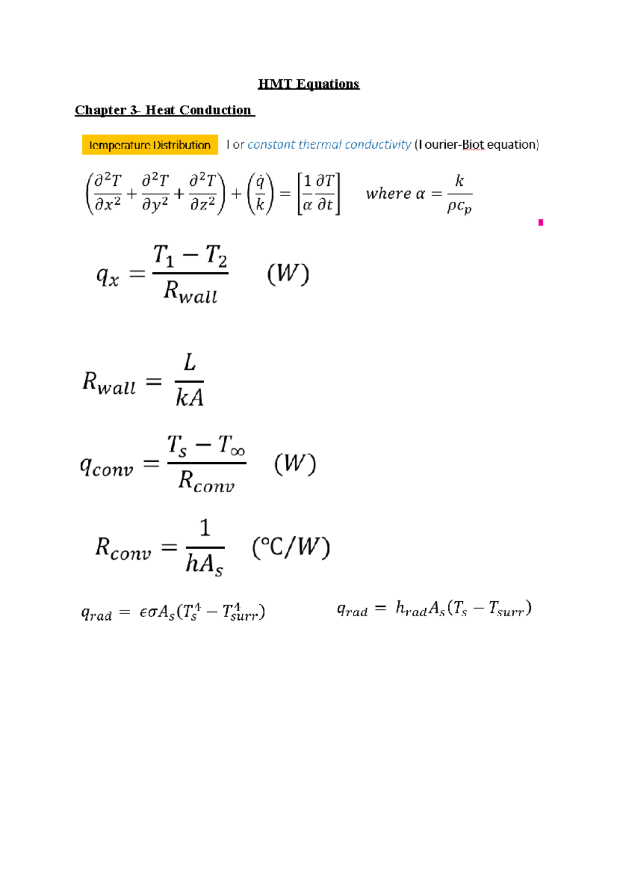 HMT Equations - HMT Equations Chapter 3- Heat Conduction A for ...
