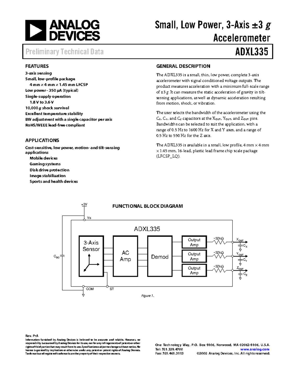 ADXL335 - Datasheet del sensor - Small, Low Power, 3-Axis ±3 g ...