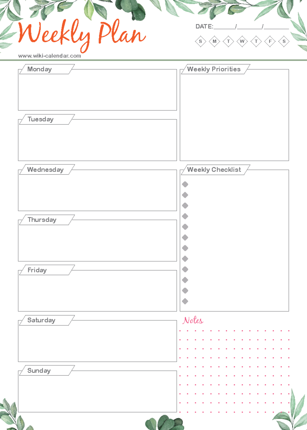 Weekly Planner Wiki Calendar - Weekly Plan DATE:_______// Notes S M T W ...