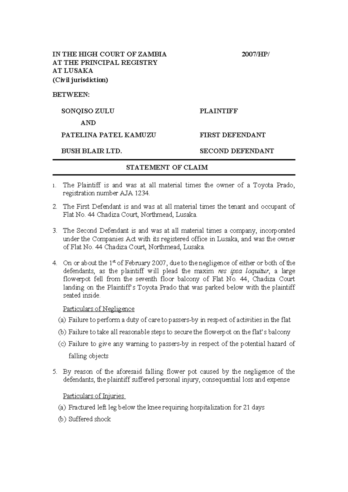 Statement OF Claim - Kamuzu - IN THE HIGH COURT OF ZAMBIA 2007/HP/ AT ...