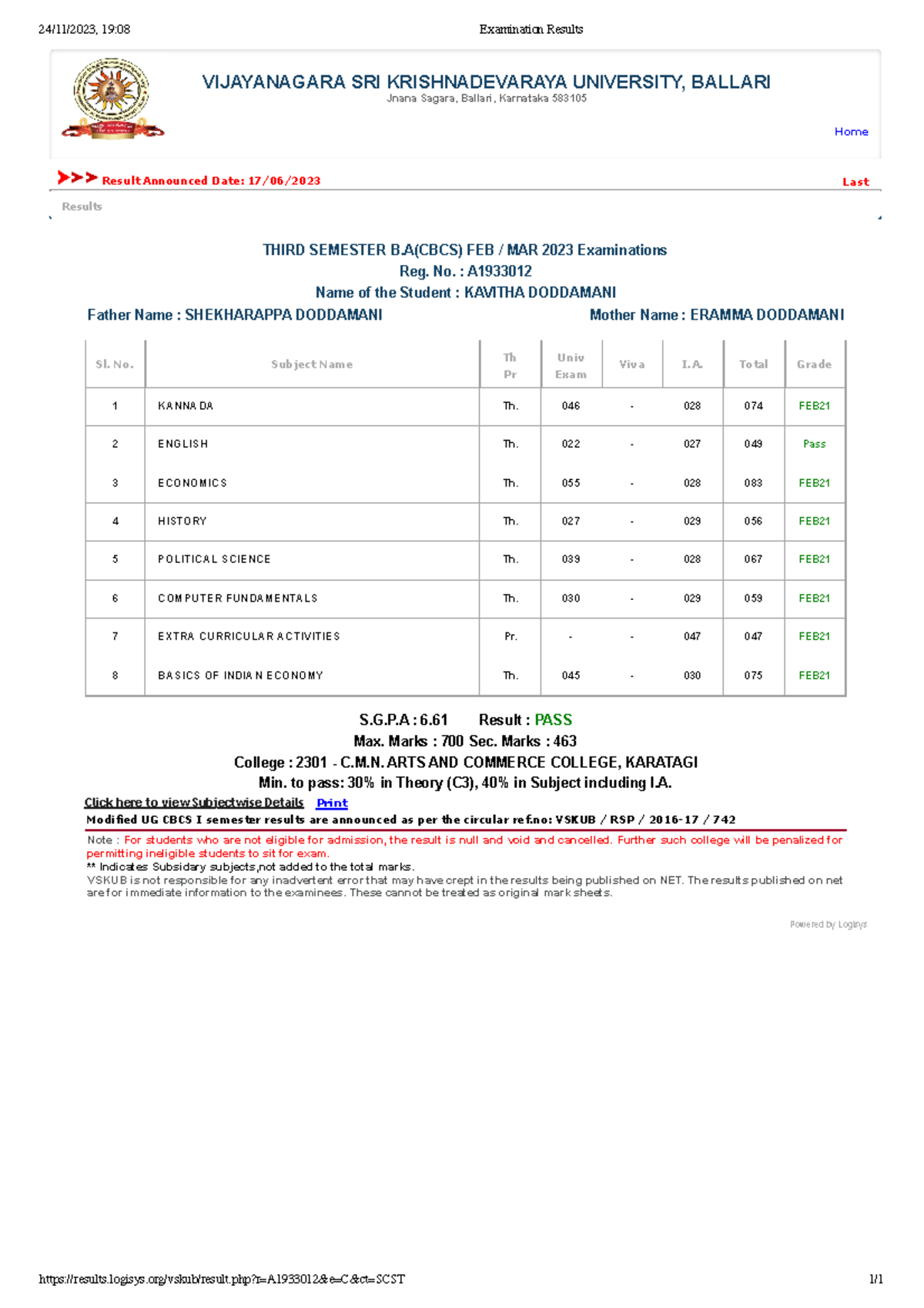 Examination Results 3rd - 24/11/2023, 19:08 Examination Results - Studocu