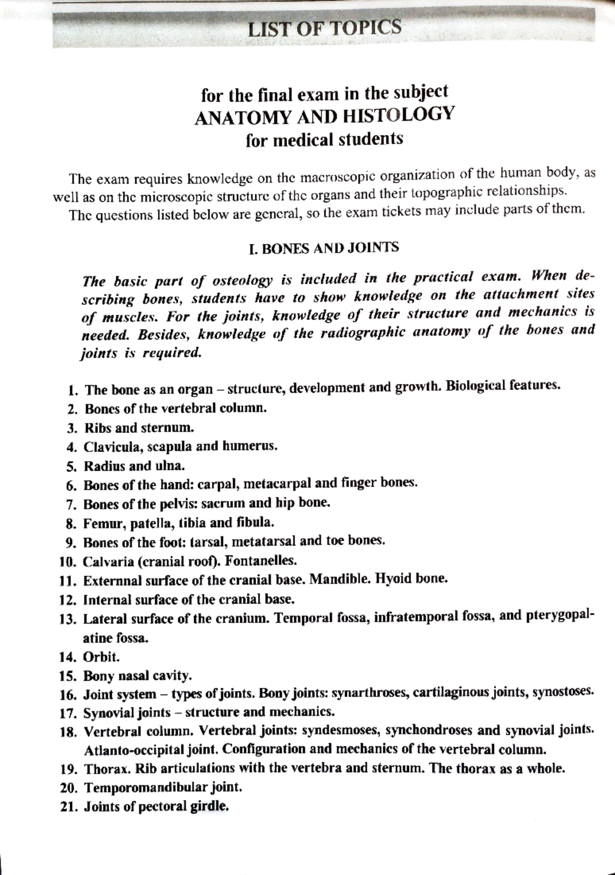 Anatomy Syllabus - LIST OF TOPICS for the final exam in the subject ...