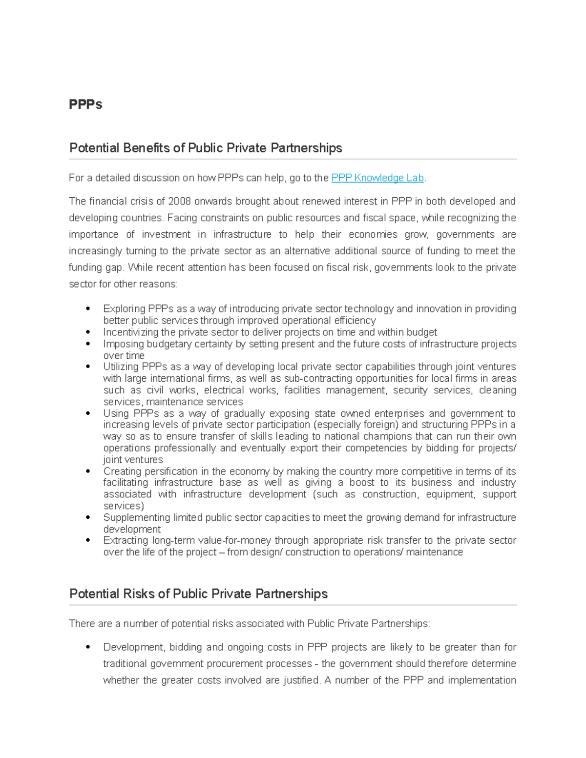 PPPs - additional material for revision - PPPs Potential Benefits of ...