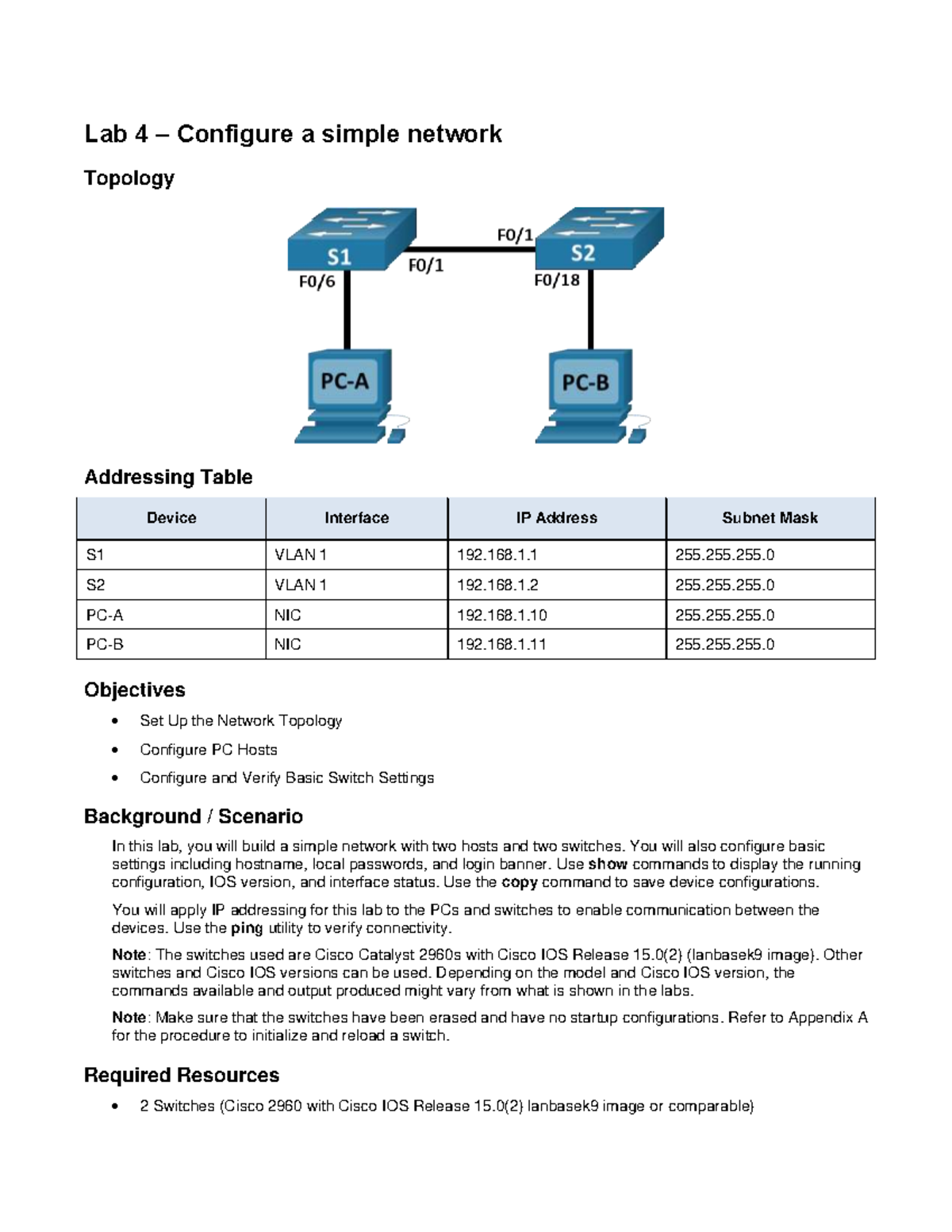 Lab 4 - Configure a simple network - Lab 4 – Configure a simple network ...