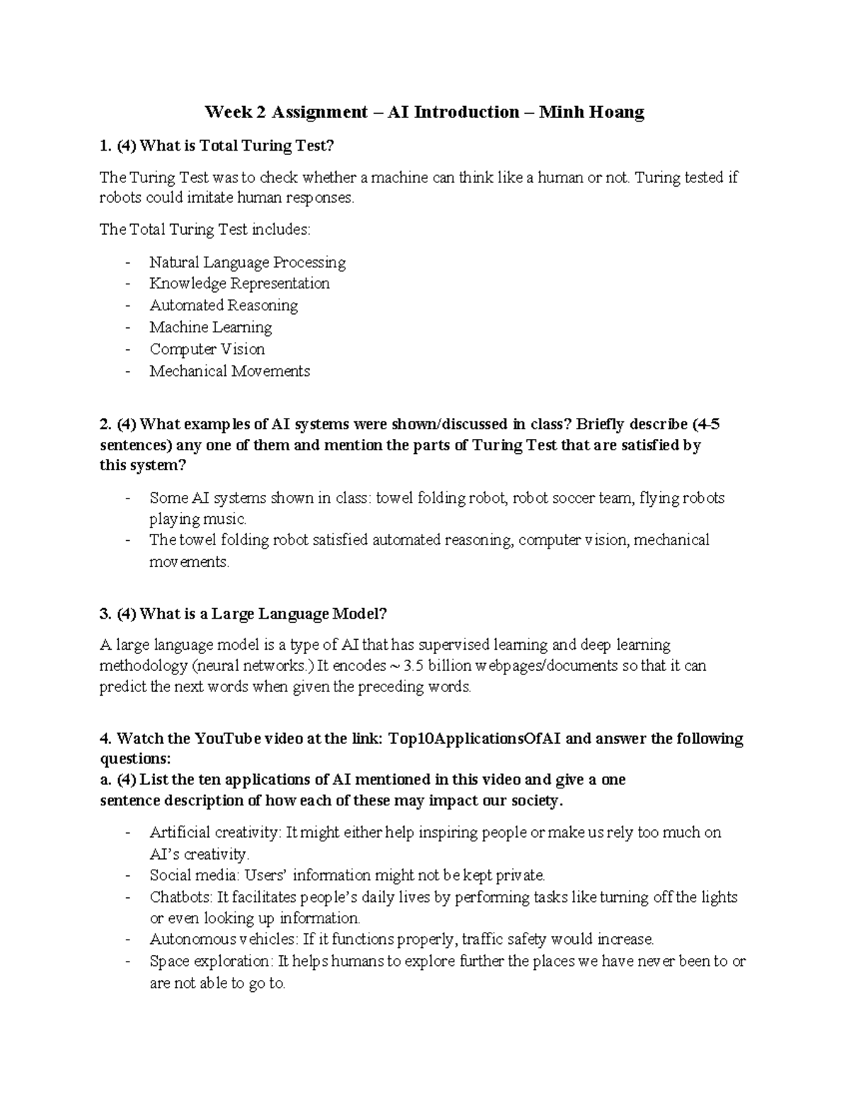 Week 2 Assignment - AI - Week 2 Assignment – AI Introduction – Minh ...