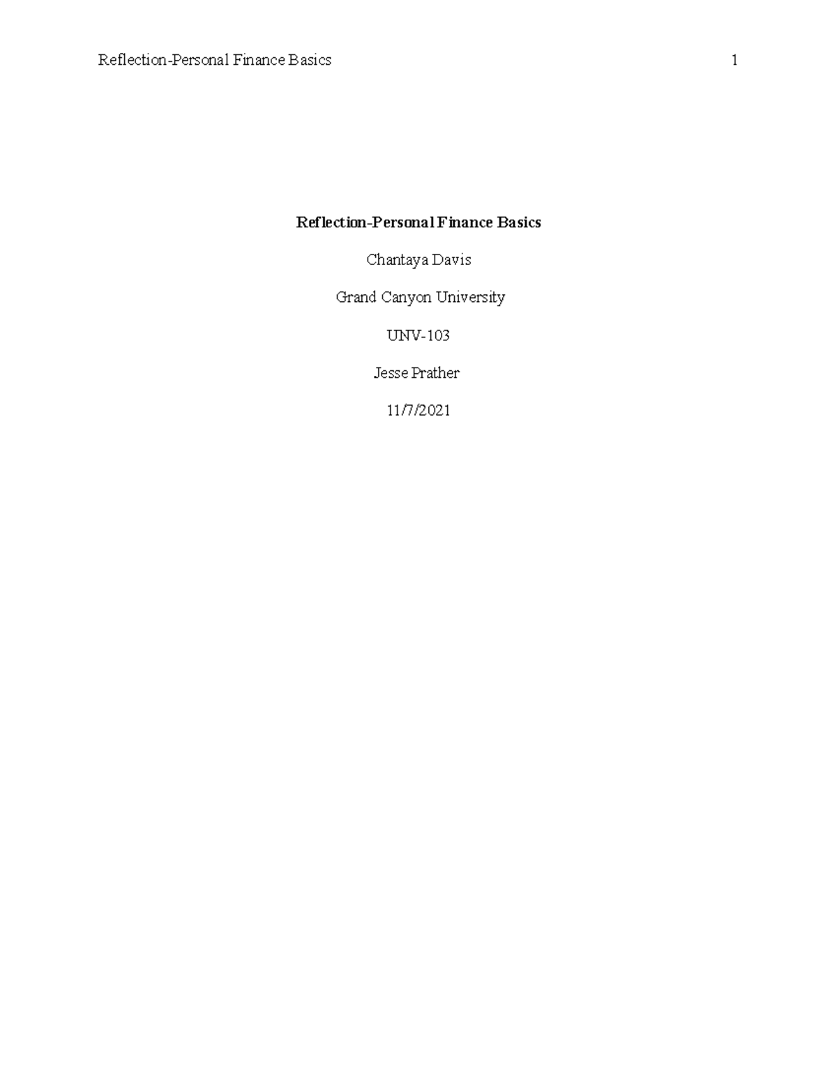 Reflection Finance Assignment copy copy - UNV-103 - GCU - Studocu