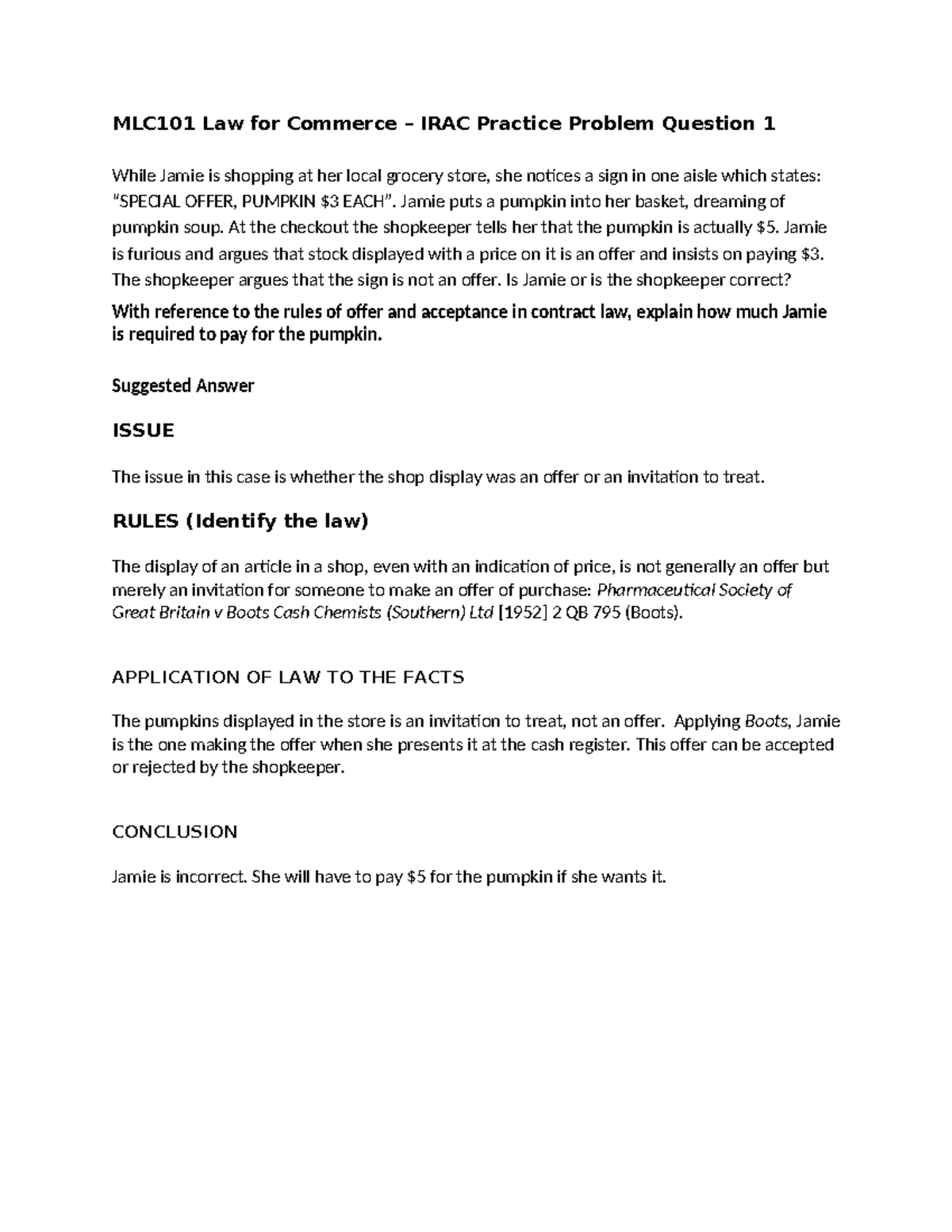 MLC101 IRAC Practice problem question 1 - suggested answer - MLC101 Law ...