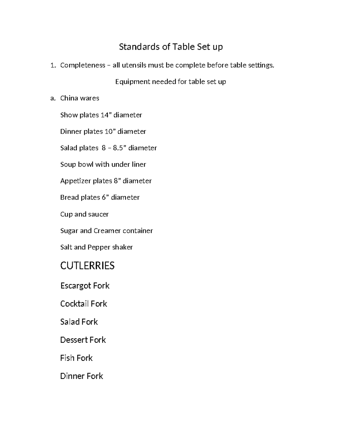 Standards of Table Set up - Completeness – all utensils must be ...