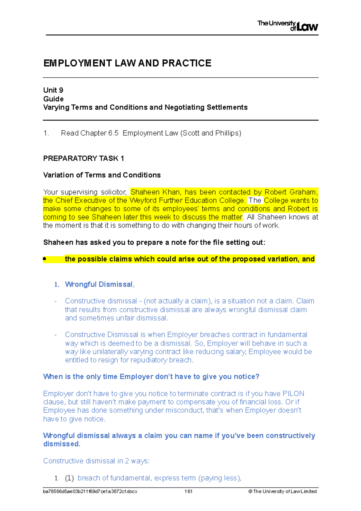 Employement week 9 - Lecture notes - EMPLOYMENT LAW AND PRACTICE Unit 9 ...