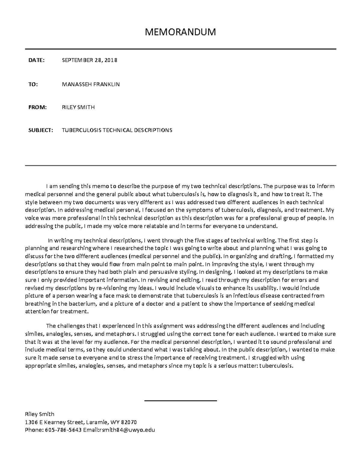 Memorandum for A2 - MEMORANDUM DATE: SEPTEMBER 28, 2018 TO: MANASSEH ...