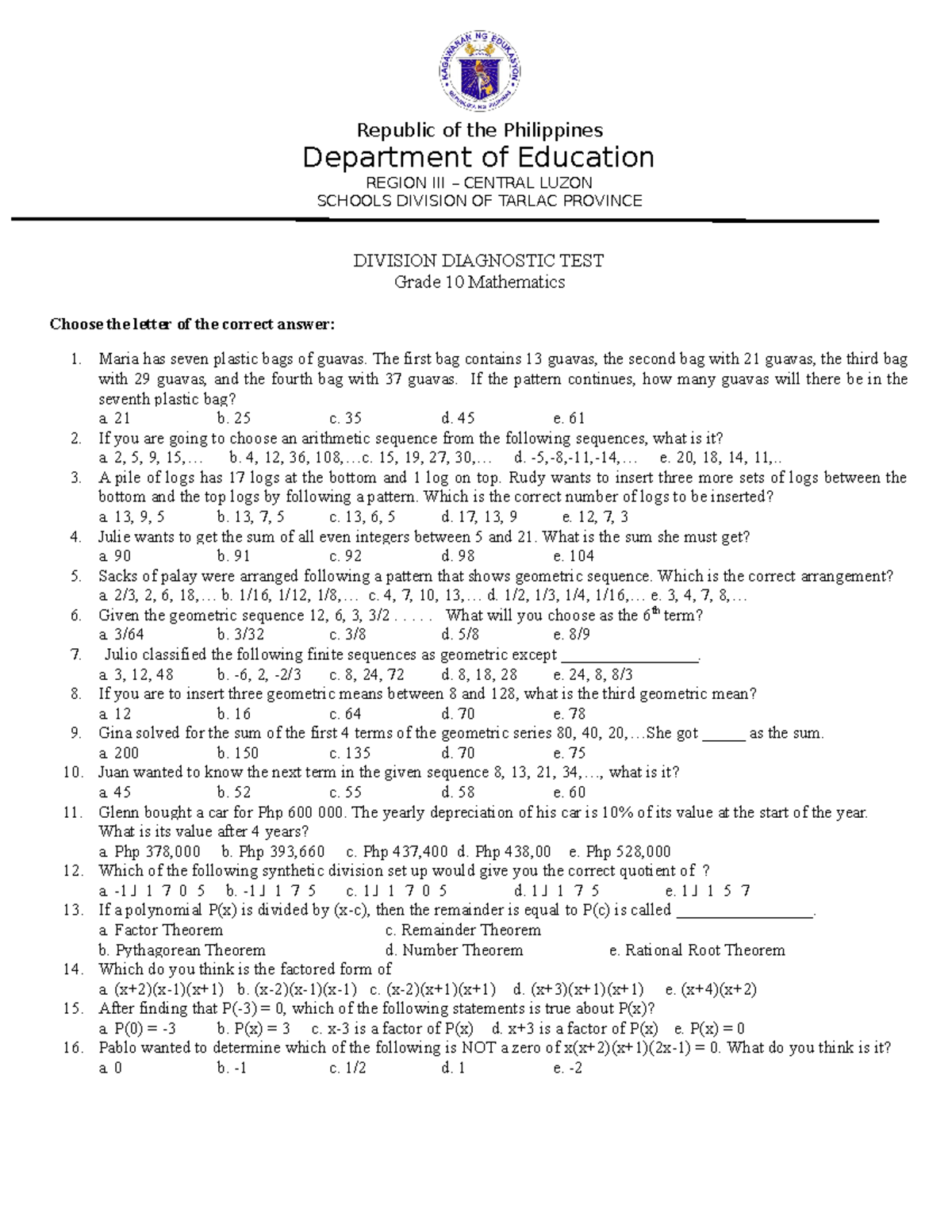 Diagnostic TEST-MATH 10 - Department of Education REGION III – CENTRAL ...