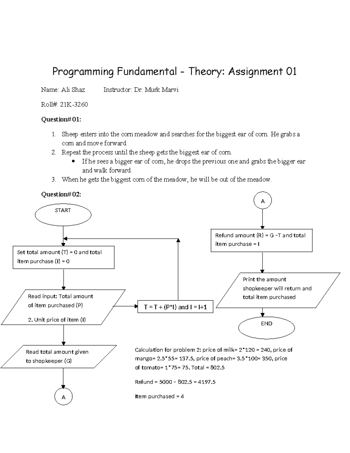 Assignment 01 Programming Fundamentals - Programming Fundamental - Theory: Assignment 01 Name ...