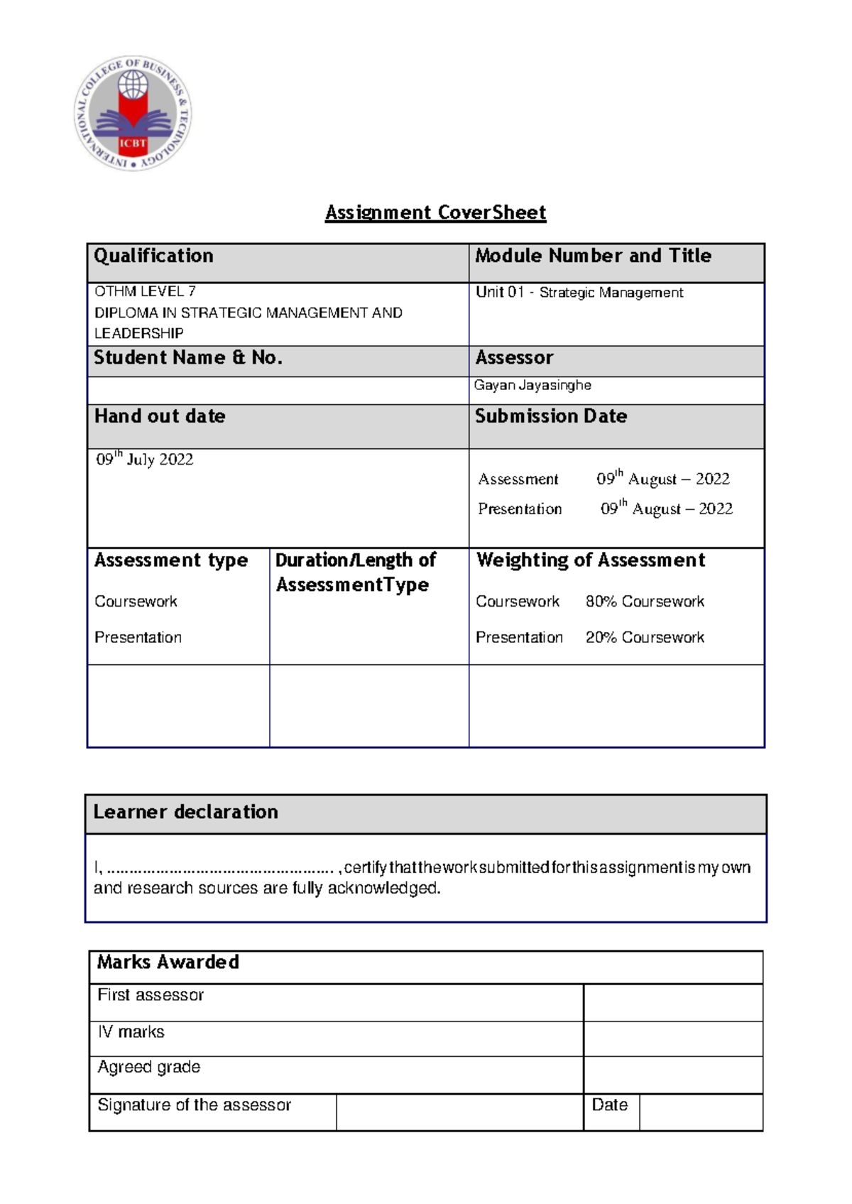 Strategic Management Assessment - Assignment Cover Sheet Qualification ...