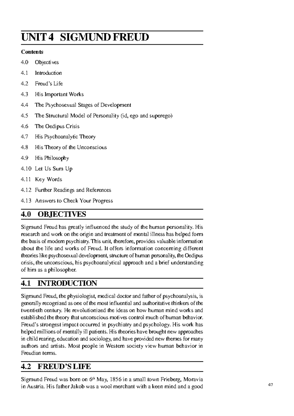 Unit-4 - Summary Philosophy - 4 7 UNIT 4 SIGMUND FREUD Contents 4 Objectives 4 Introduction 4 ...