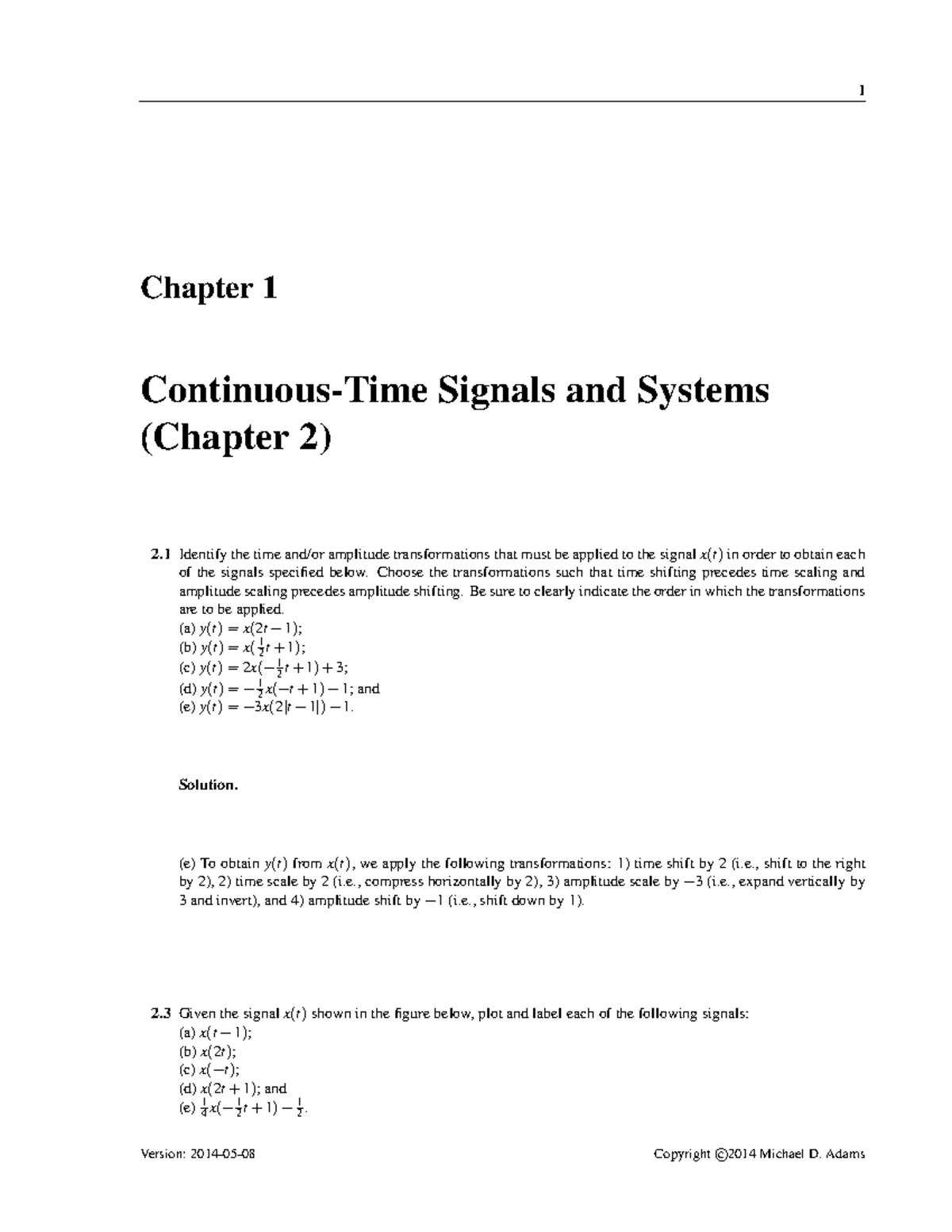 book solutions for Continuous Time Signals and Systems Michael D Adams - 1 Chapter 1 Continuous ...